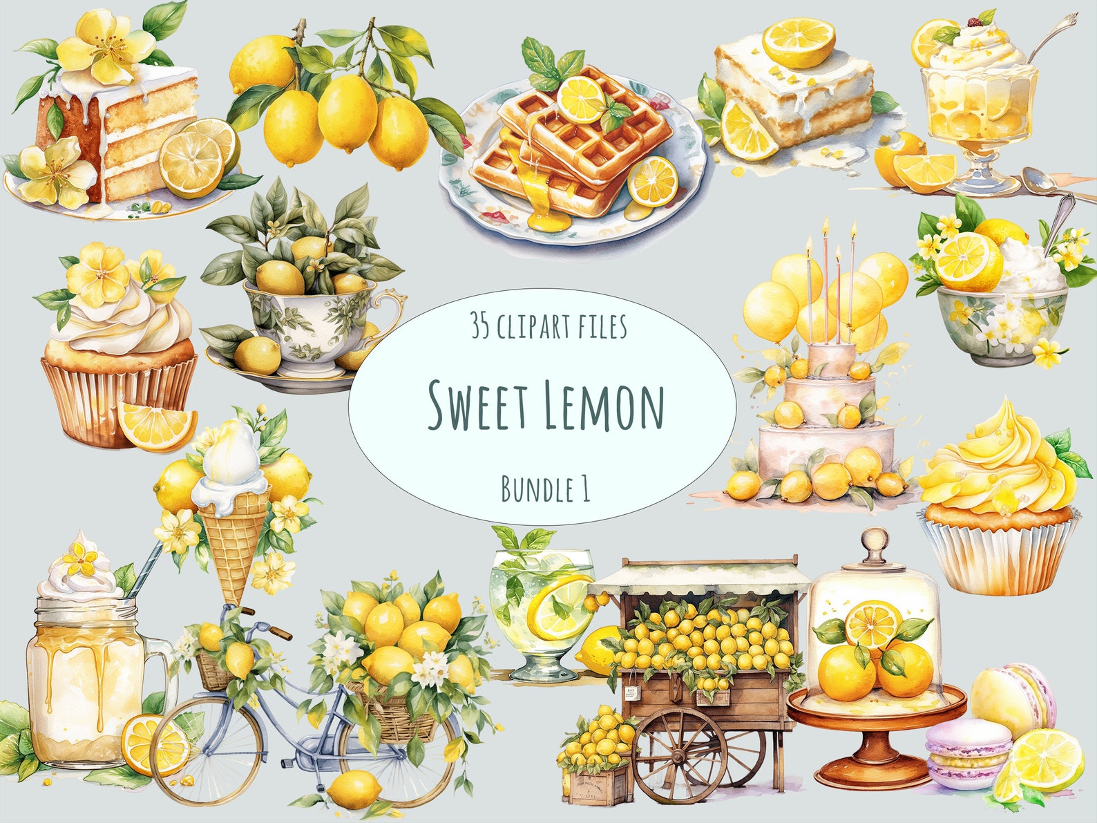 Watercolor Lemon Dessert Clipart Bundle, Citrus Sweets Bakery Set, Cake ...