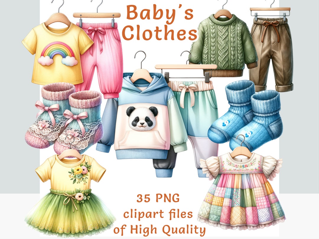 Baby Clothes Clipart Collection - 35 Watercolor PNG Files, Modern ...