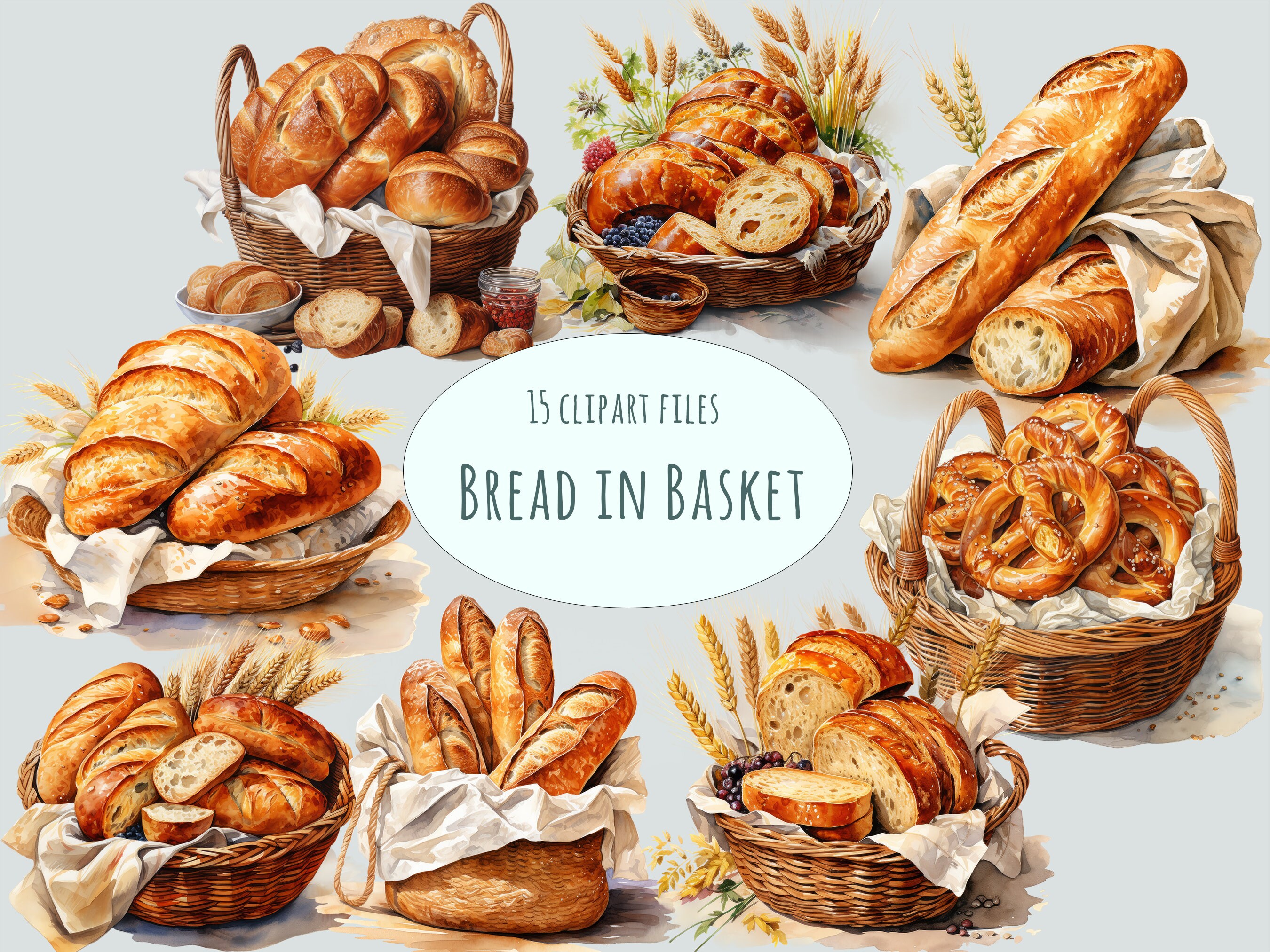 Watercolor Bread Clipart, 15 High Quality PNG Files, Baguette Woven ...