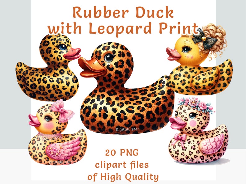 Yellow Rubber Duck Clipart Set, 20 Watercolor PNG, Duckies Leopard ...