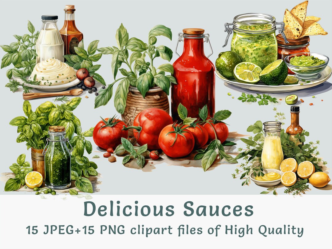 Tomato Sauce Clipart, 15 Watercolor Pesto Illustrations, Homemade Food ...