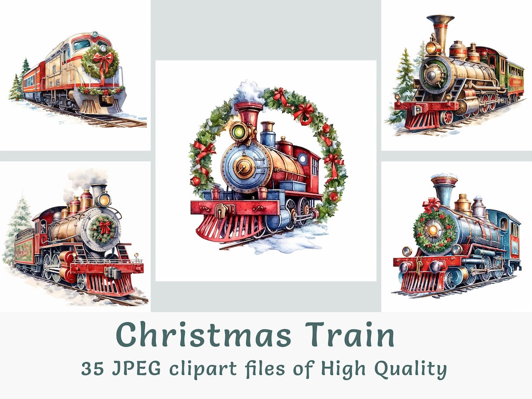 Watercolor Train Clipart 35 High Quality JPEG Digital Illustration Commercial Use Christmas ...
