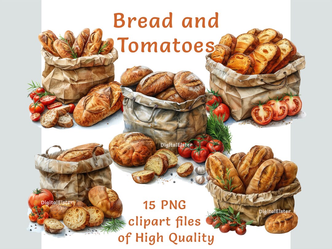 Bread With Tomatoes Clipart Collection, 15 Watercolor PNG Designs ...