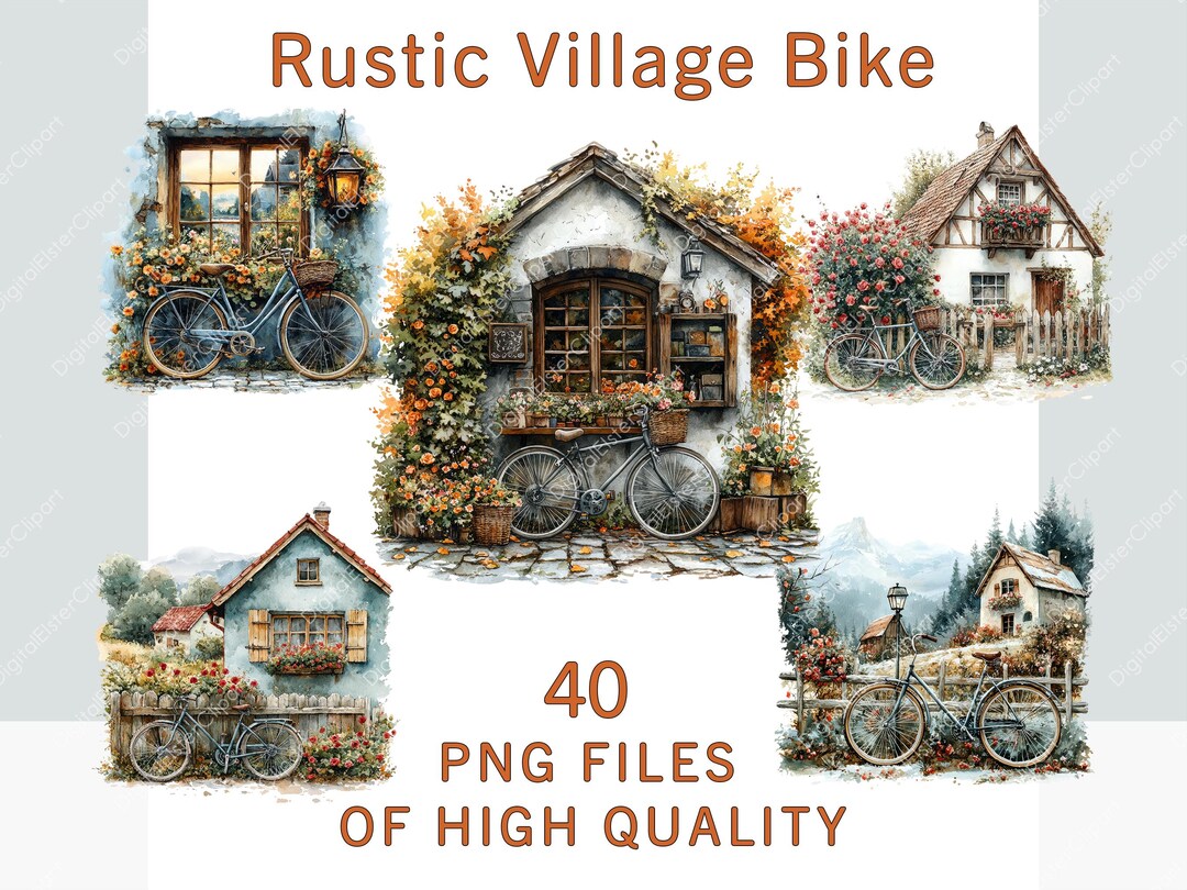 Rustic Bicycle Clipart, Watercolor Home Decor, 40 Pngs, Commercial Use ...