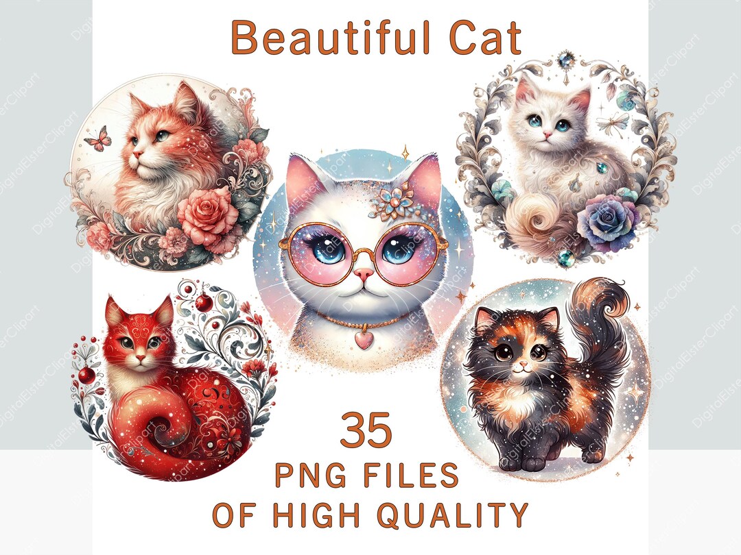 Cat Clipart Bundle | 35 PNG Digital Download | Mystical Kitten Art With ...