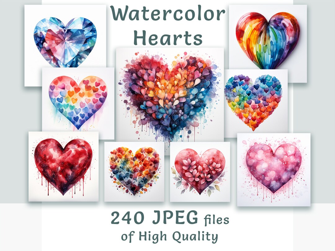 Watercolor Rainbow Hearts Clipart: Valentine's Day Stickers (240 JPEG ...