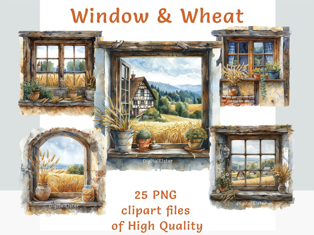 Rustic Window With Wheat Clipart - 15 Watercolor PNG Files for ...