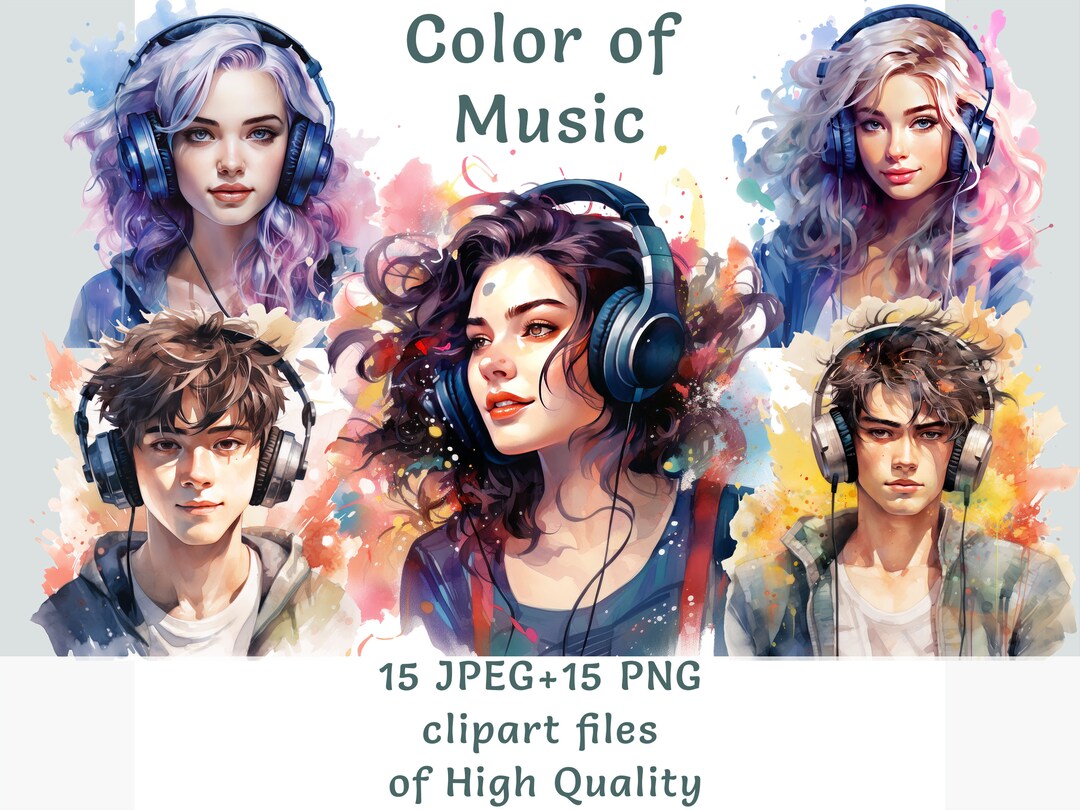Teen in Headphones Clipart, 15 Watercolor Music Teen Portrait ...