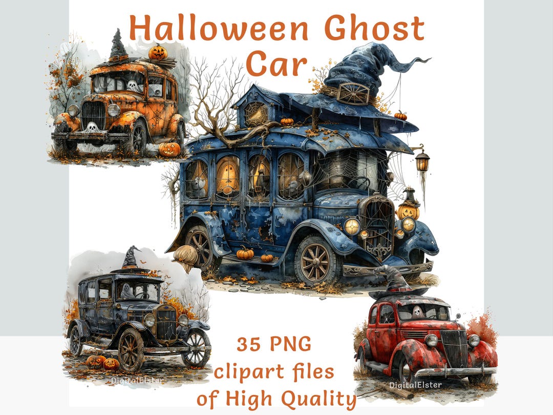 Halloween Clipart Bundle With Ghost Cars and Pumpkins, Vintage Spooky ...