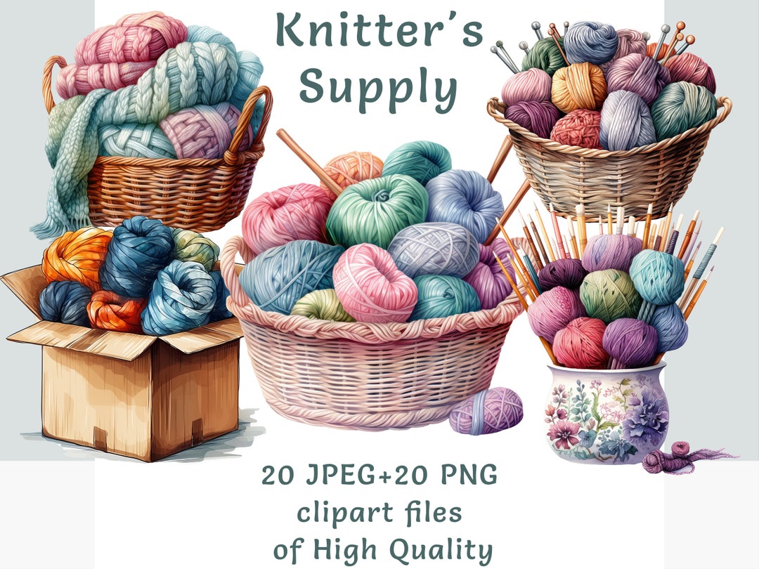 Knitting Clipart Set, Yarn Stickers: Watercolor Knitted Goods Images ...