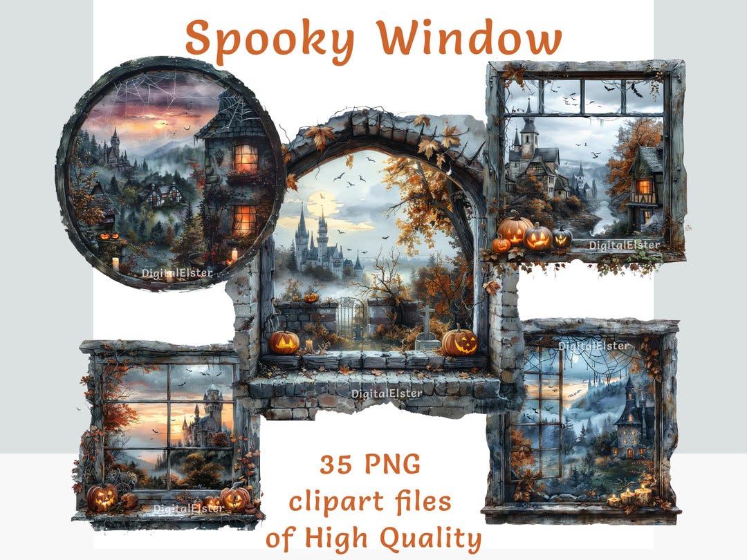 Spooky Window Clipart | 35 PNG | Watercolor Halloween Clipart ...