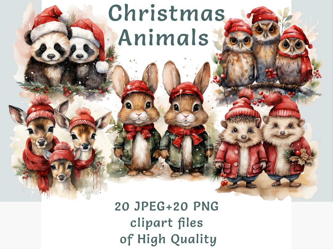 Watercolor Christmas Animals Clipart 20 High Quality PNG and - Etsy