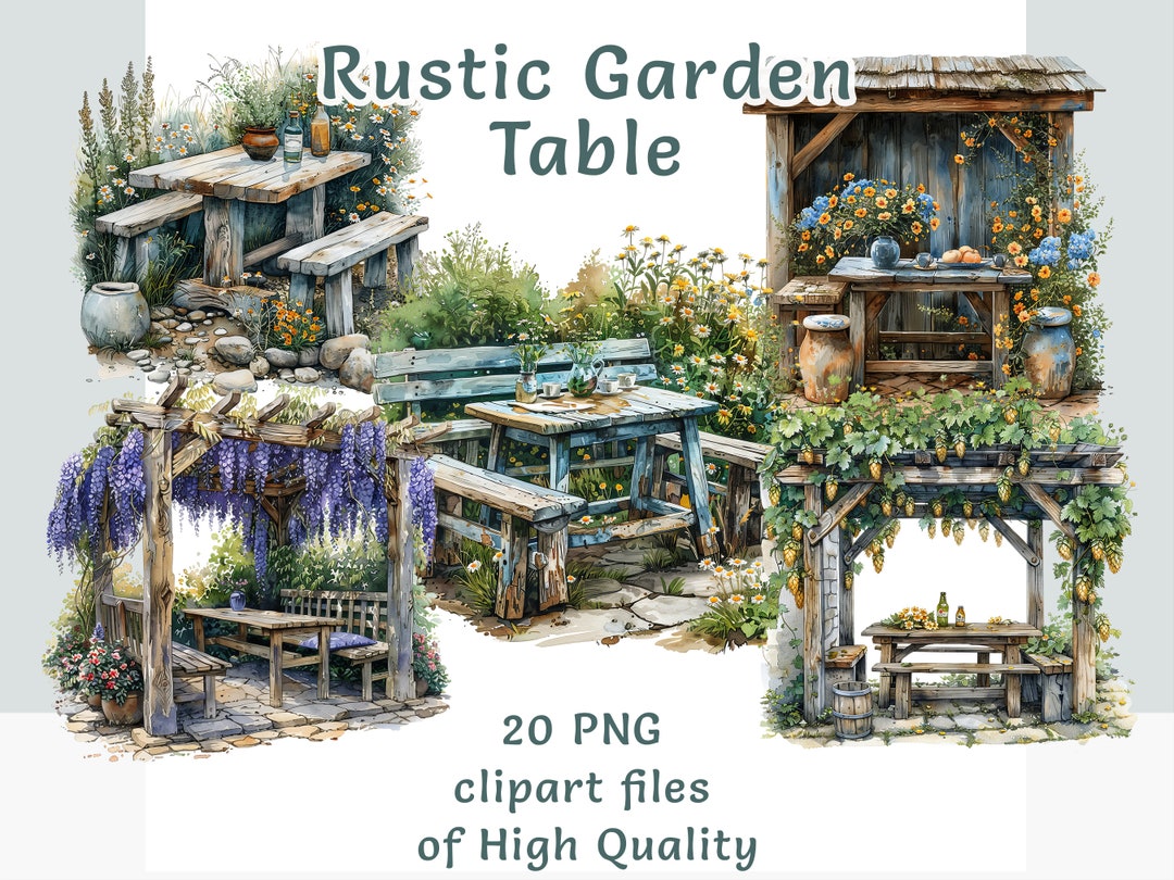 Rustic Garden Table Clipart - 20 Watercolor PNG Files for Commercial ...