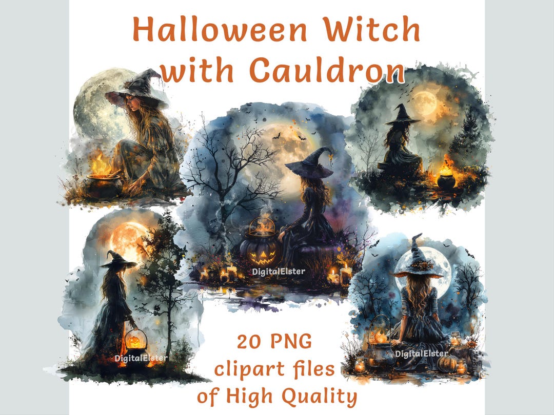 Halloween Witch Cauldron Clipart Set, 20 PNG Watercolor Designs ...
