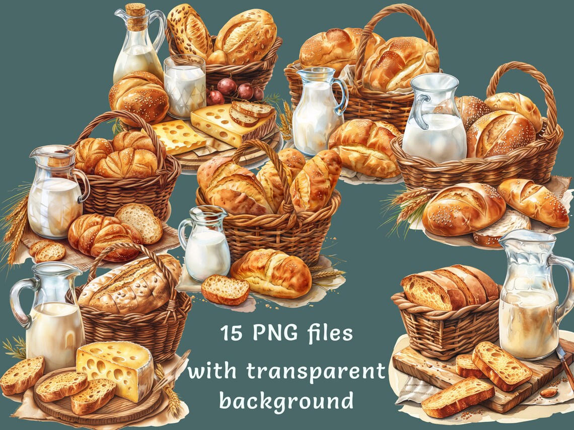 Breakfast Basket Clipart Collection - 15 Watercolor PNG, Bread and Milk ...