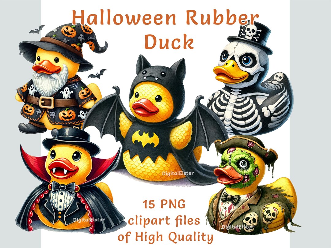 Halloween Rubber Duck Clipart Set, 15 PNG Watercolor Yellow Duckies ...
