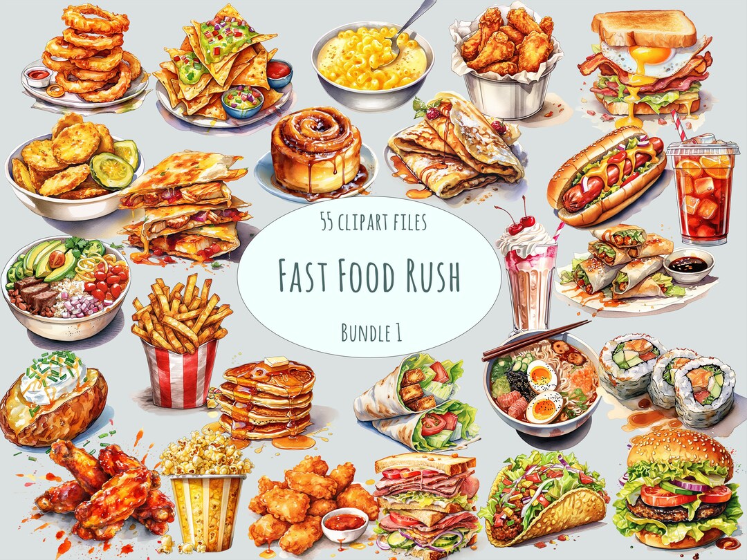 Watercolor Fast Food Clipart Bundle, Street Food Clipart, Commercial ...