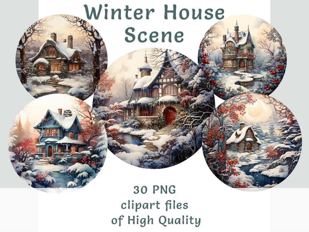 Watercolor Christmas House Clipart, 30 High Quality PNG Winter Motiv ...