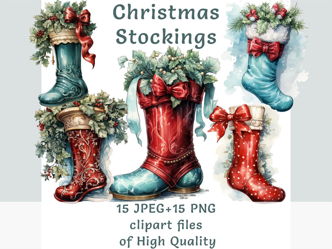 Watercolor Christmas Socks Clipart Bundle, Commercial Use Fireplace ...