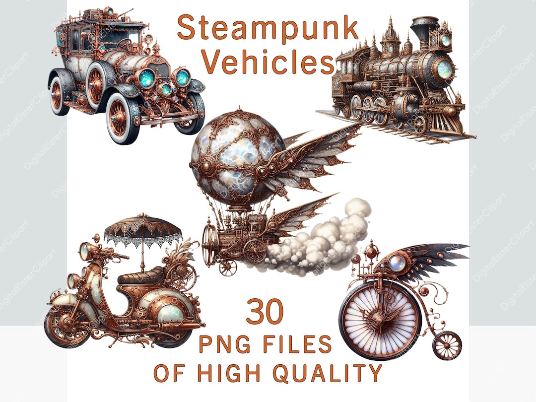 Steampunk Vehicles Clipart PNG Bundle, Vintage Airship Train Car ...