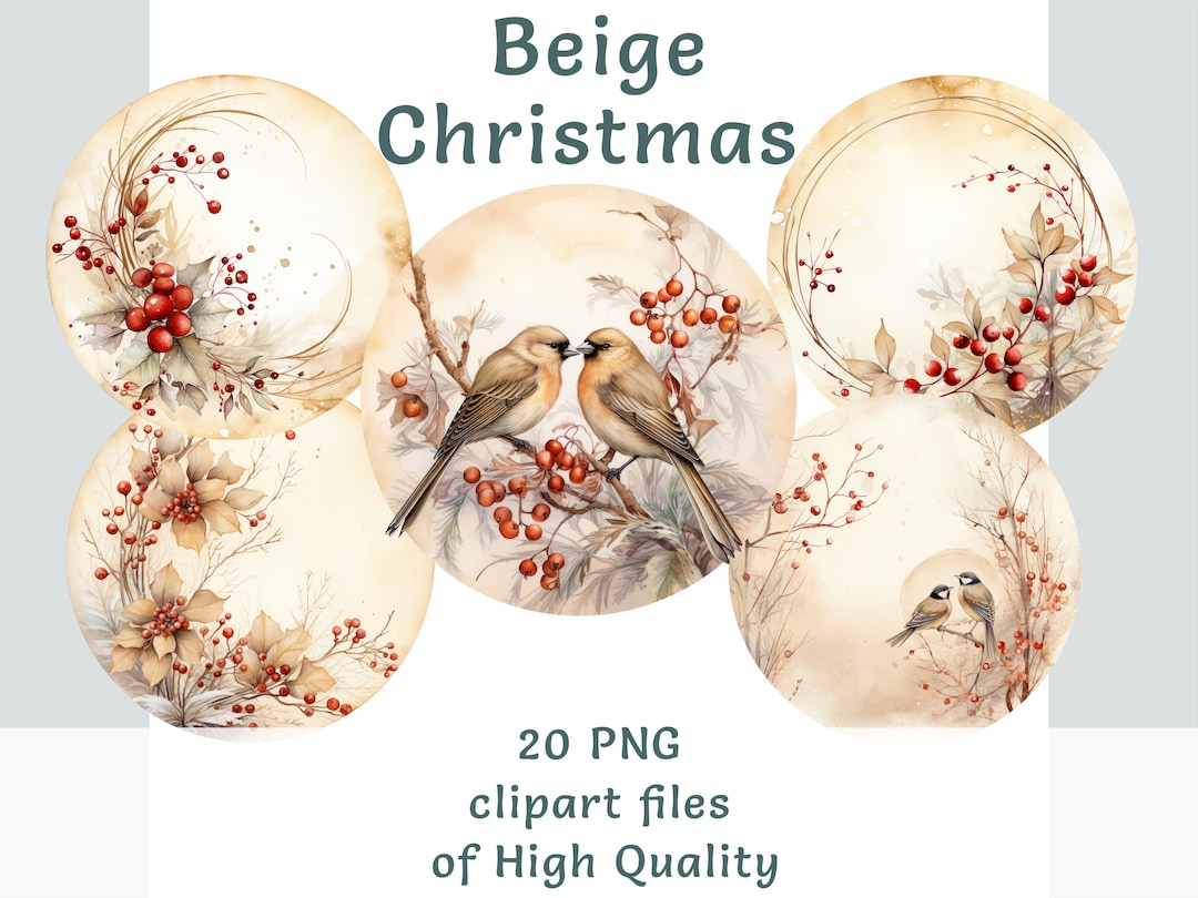 Beige Christmas Birds Clipart, 20 Watercolor PNG, Neutral Holiday Decor ...