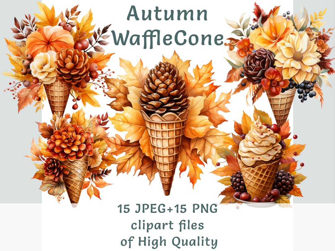 Autumn Delights Clipart Set - 15 Watercolor Waffle Cones With Leaves ...