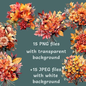 Autumn Leaves and Floral Bouquet Clipart, 15 Watercolor Fall Foliage ...