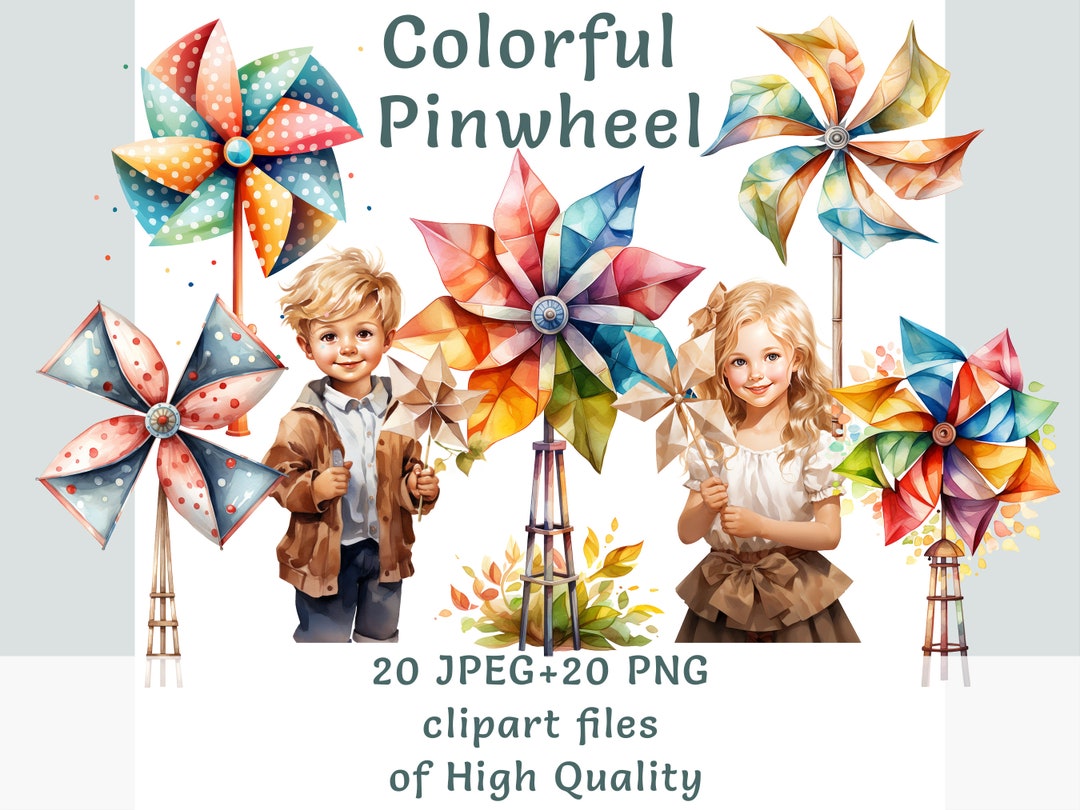 Children With Pinwheel Clipart Set - Watercolor PNG & JPEG, 20 Unique ...