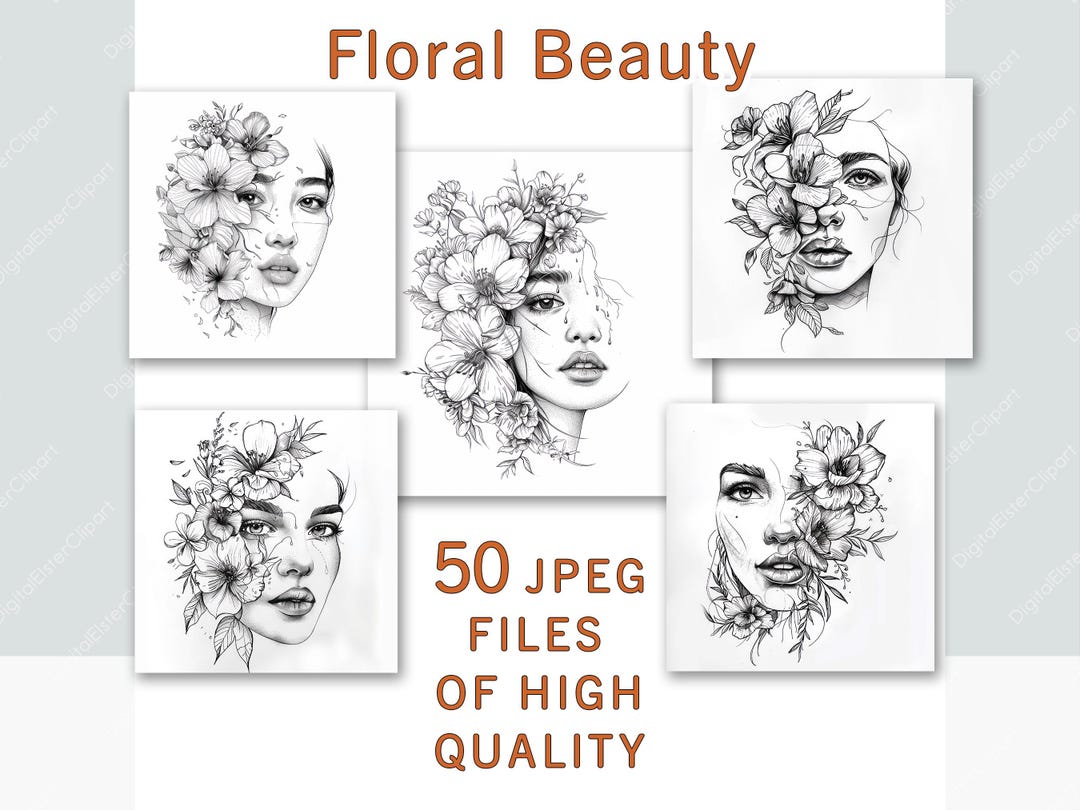 Floral Face Line Art Clipart, Woman Portrait Sketch Printable Wall Art ...