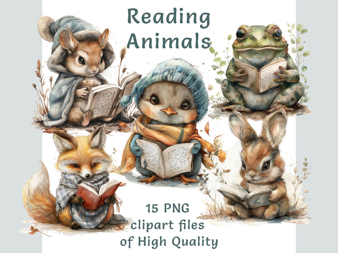 Watercolor Animals With Books Clipart Bundle: 15 PNG Files for ...