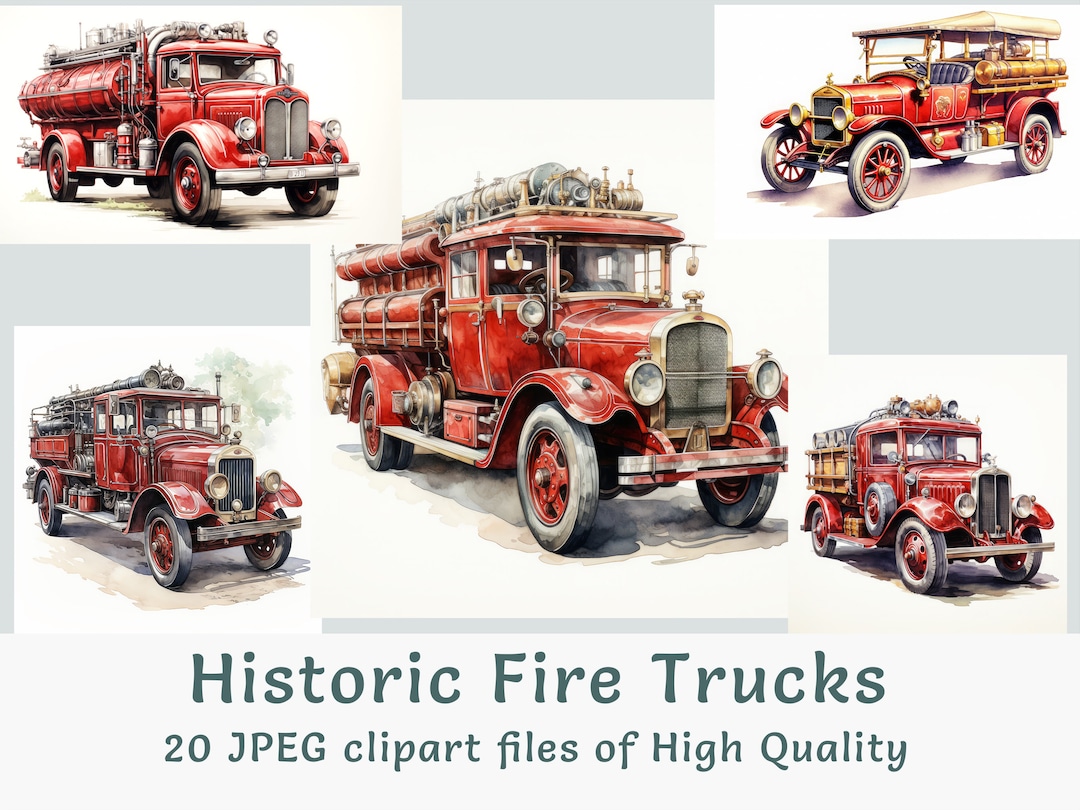 Vintage Fire Truck Clipart - 20 Watercolor Historic Fire Engines in ...