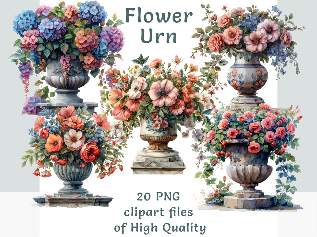 Stone Urn Clipart Bundle, Watercolor Floral Stickers, Commercial Use ...