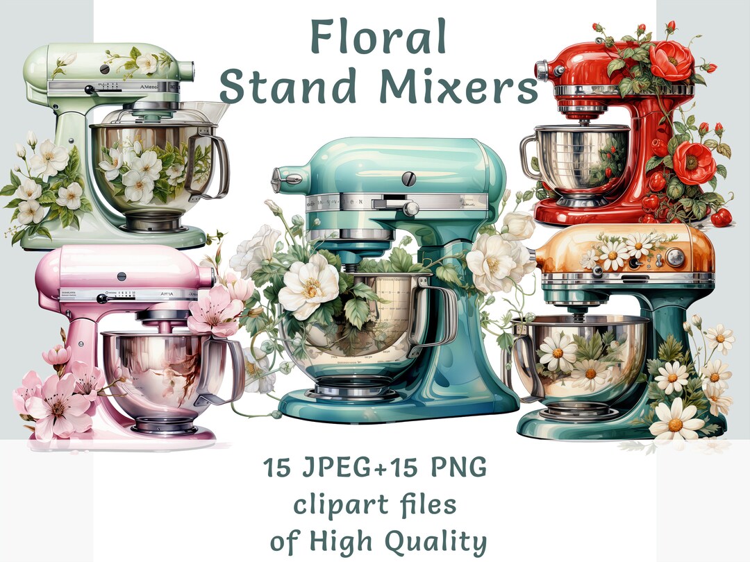 Kitchen Clipart Set: Floral Mixer and Food Processor Designs, 15 PNG ...