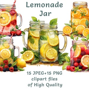 Lemonade Clipart | Glass Jar Clipart | 15 PNG and JPEG | Watercolor ...