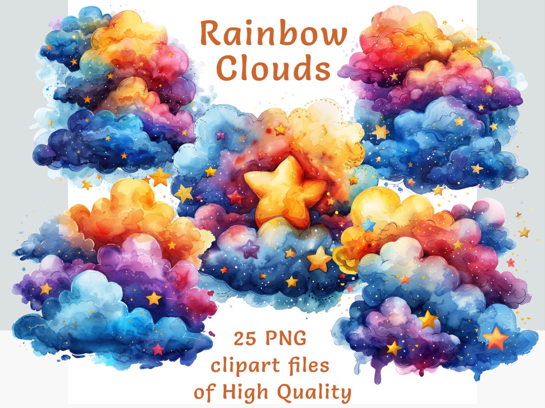 Rainbow Clouds Clipart - 25 Whimsical Watercolor PNG Files for ...