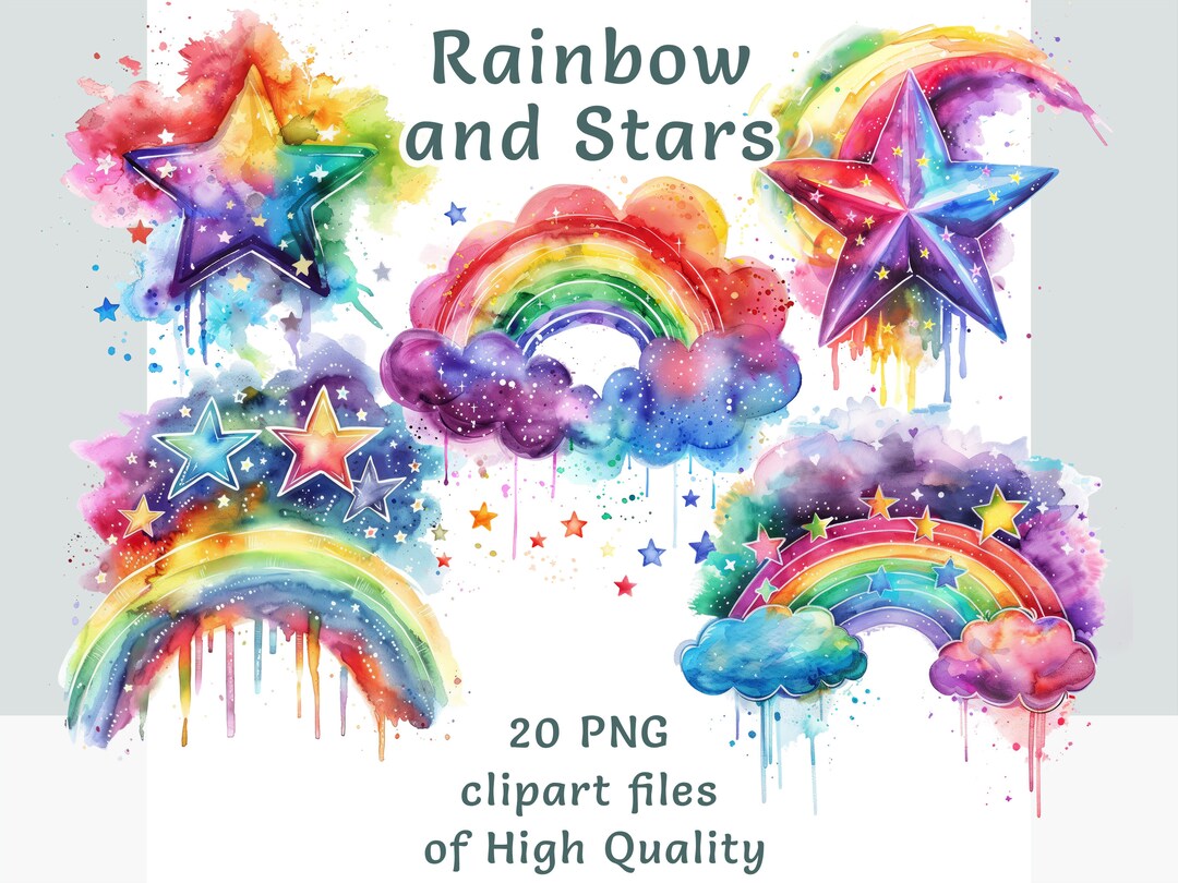 Rainbow Clipart Bundle, Watercolor Stars Clipart, Commercial Use Sky ...