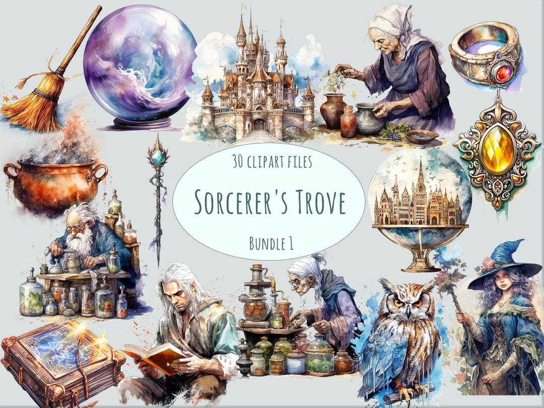 Wizard and Alchemy Magic Clipart, 30 PNG for Halloween, Watercolor ...