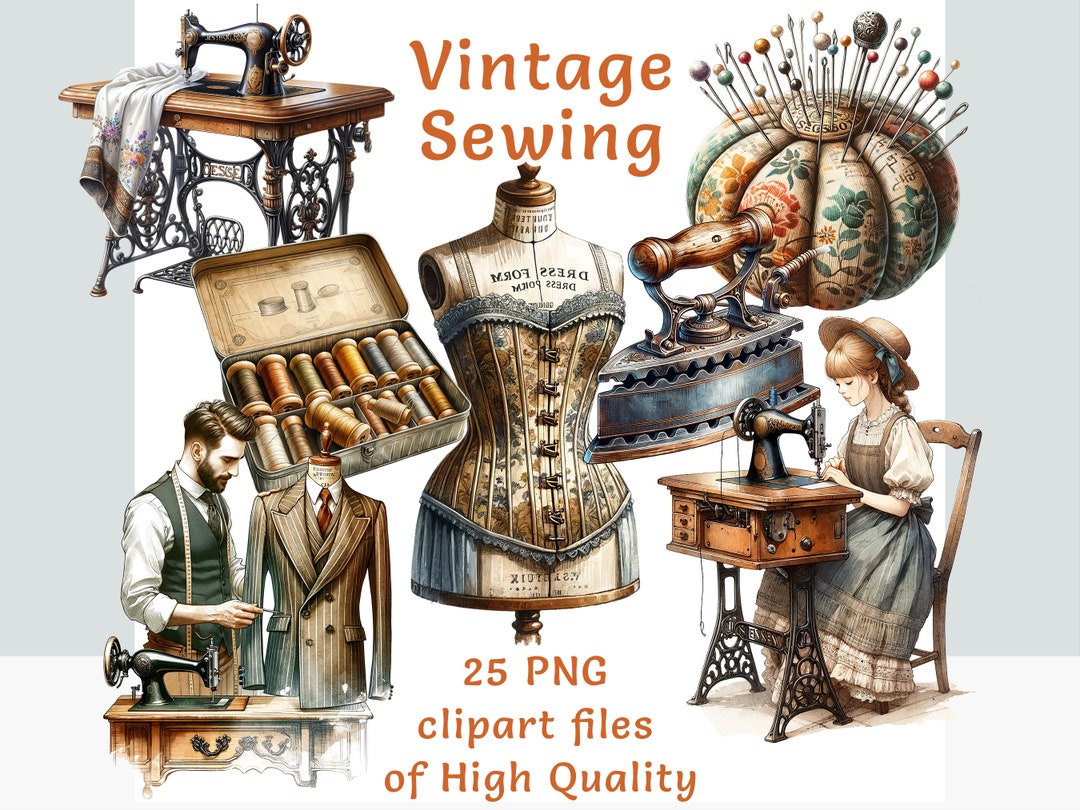 Vintage Sewing Clipart Set – 25 Watercolor PNG Files for Commercial Use ...