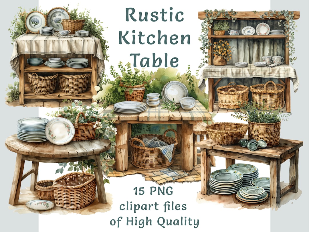 Rustic Kitchen Table Clipart | 15 Farmhouse PNG | Vintage Wooden Table ...