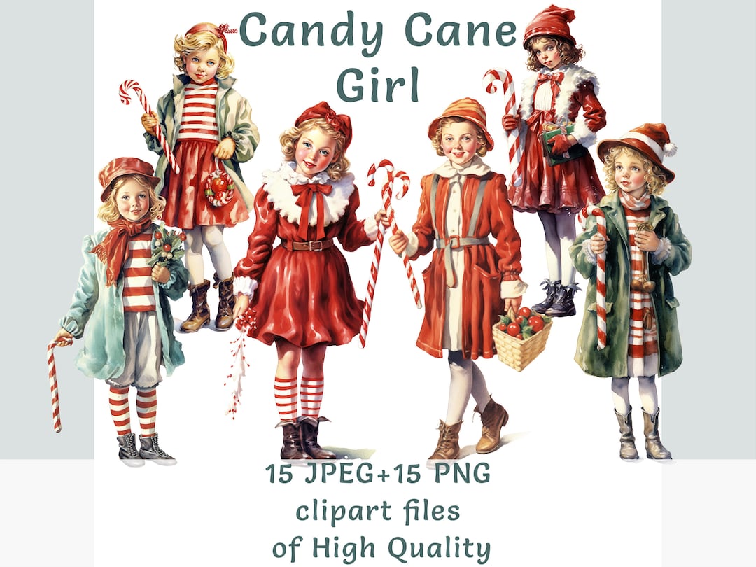 Christmas Candy Cane Girl Clipart 15 Watercolor PNG/JPEG, Festive ...