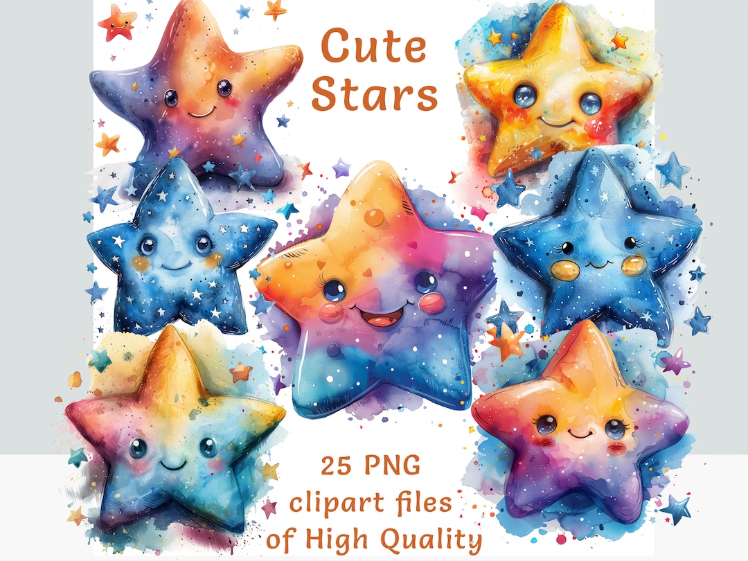 Cute Star Clipart Pack - Kawaii Watercolor Stars for Commercial Use ...