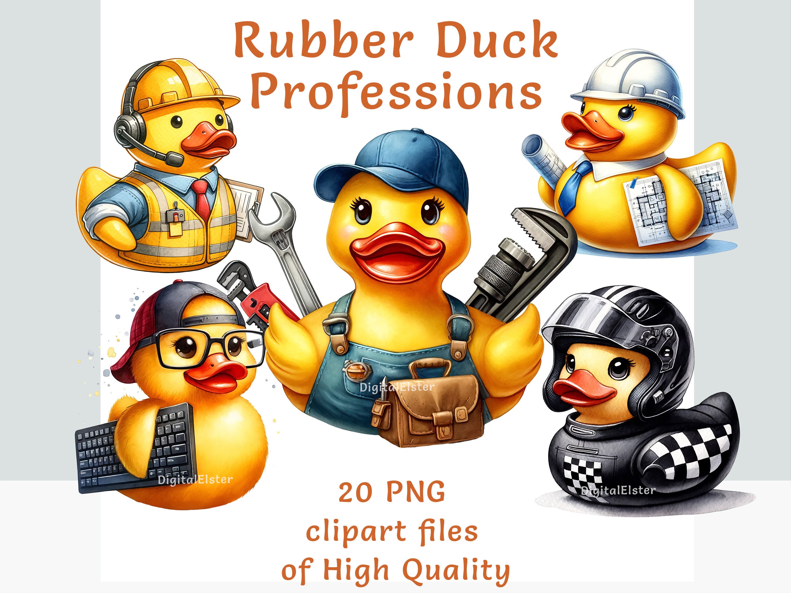 Yellow Rubber Duck Watercolor Clipart - 20 PNG Files, Professions ...
