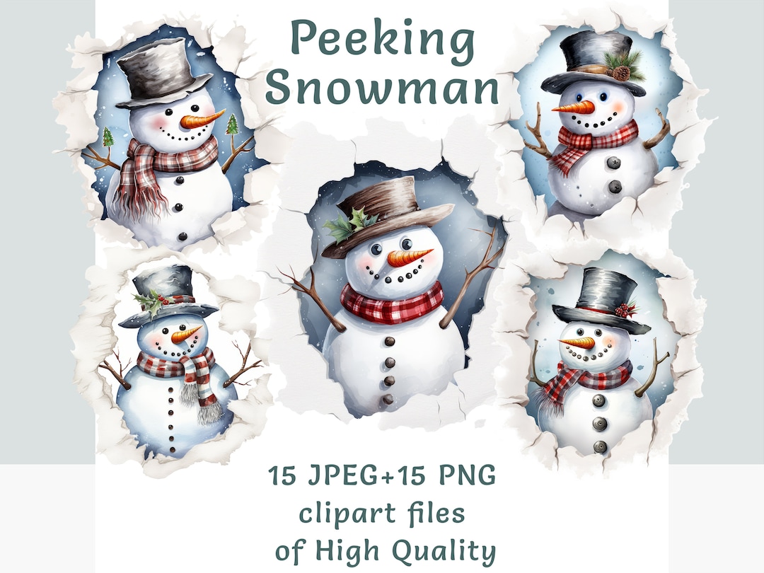 Peeking Snowman Clipart Bundle, Watercolor Christmas Clipart ...