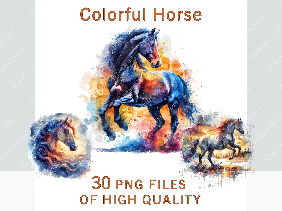 Watercolor Horse Clipart, Colorful Equine Illustrations, 30 PNG Files ...