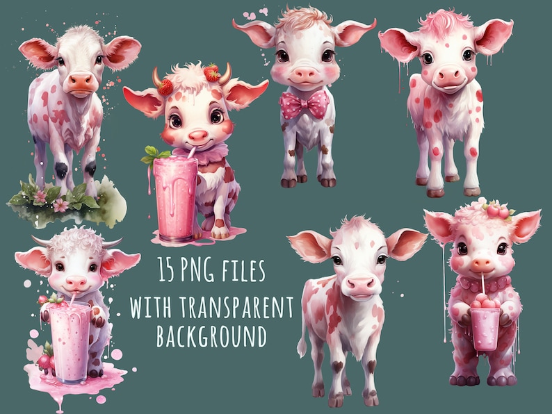 Strawberry Cow Clipart | 15 PNG Digital Download | Pink Baby Calf With ...