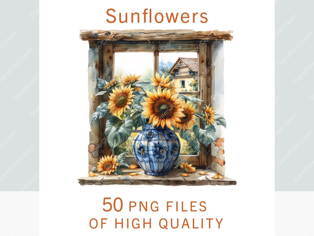 Sunflower Clipart, 50 Watercolor PNG Files, Floral Art for Creative ...