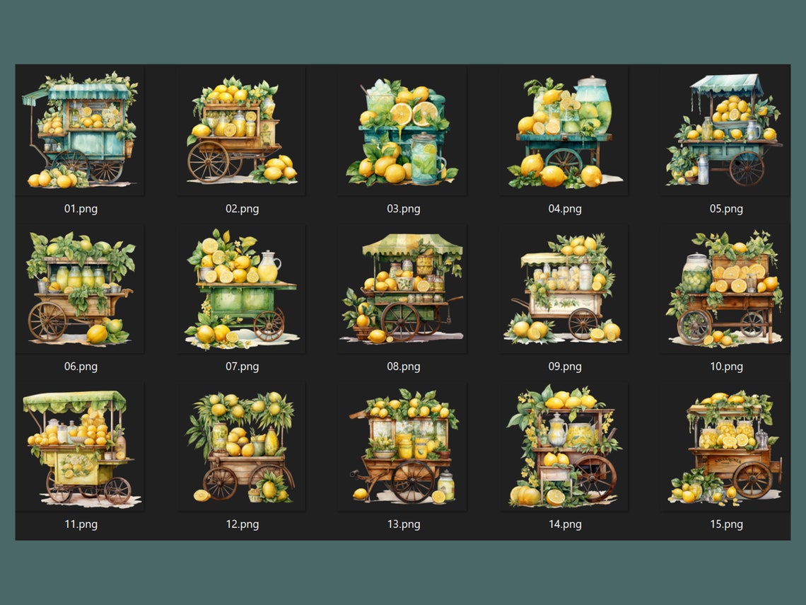 Watercolor Lemon Cart Clipart, 15 High Quality PNG and JPEG, Lemonade ...