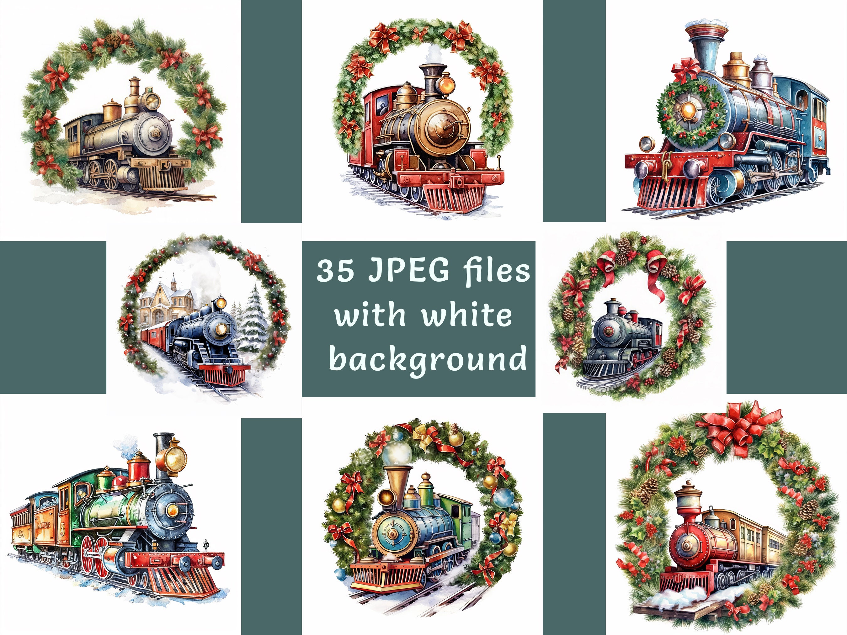 Watercolor Train Clipart 35 High Quality JPEG Digital Illustration Commercial Use Christmas ...