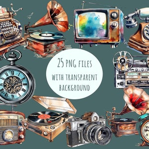 Watercolor Retro Device Clipart, 25 High Quality PNG, Antique Radio ...