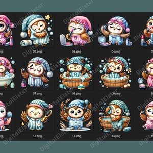 Cute Owl Morning Routine Clipart Set, 25 PNG Watercolor Designs ...